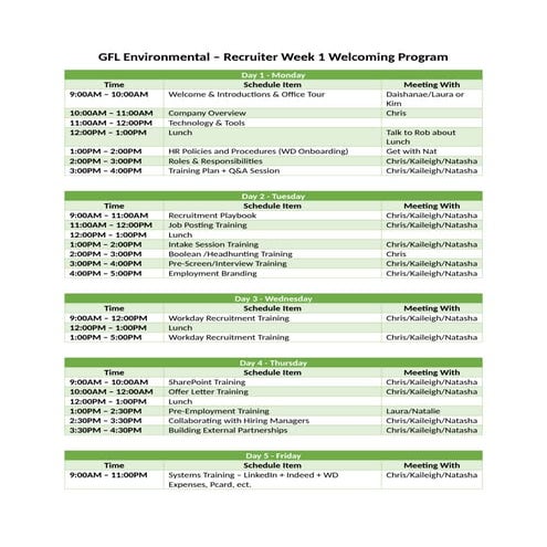 Recruiter Week 1 Welcoming Program for Training | DOCX