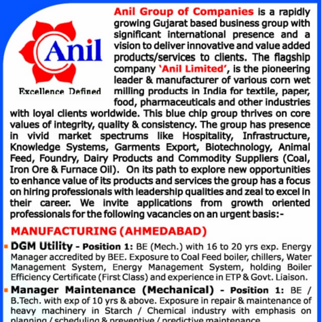 Recruitment at Ahmedabad-based ANIL Group | PDF