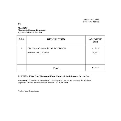 Recruitment firm invoice sample | DOC