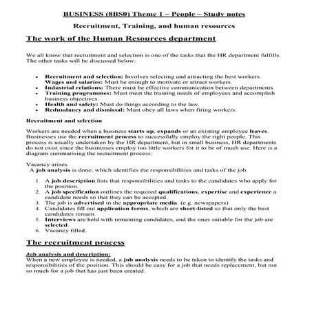 Recruitment & selection Revision notes | PDF