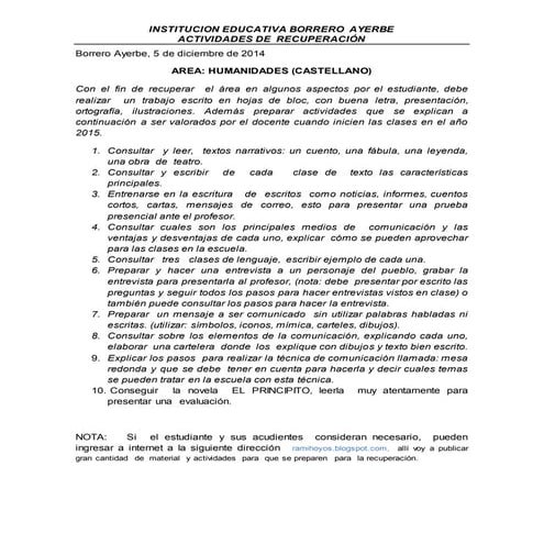 Recuperacion castellano grado cuarto 2014 ramiro hoyos | DOCX