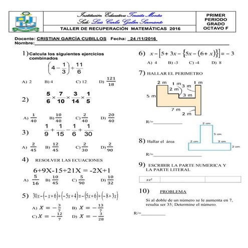 Hojas De Trabajo De álgebra Matemática De Octavo Grado