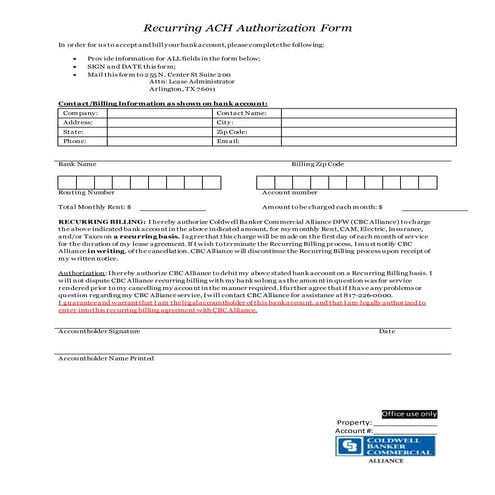 Recurring ACH authorization form | DOCX