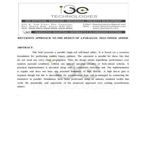Recursive approach to the design of a parallel self timed adder | DOCX | Computing | Technology ...