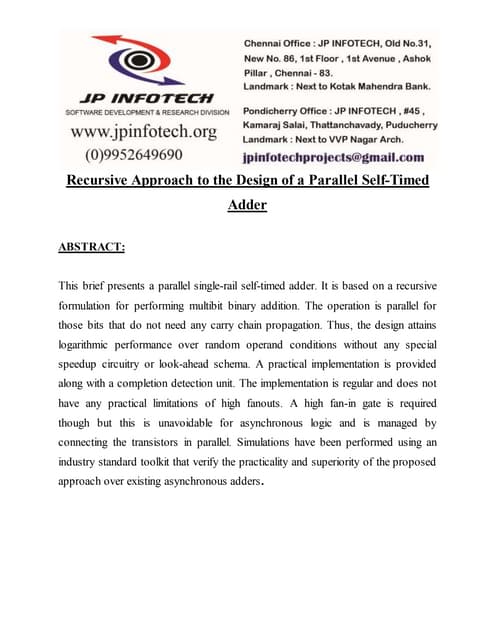 Recursive Approach To The Design Of A Parallel Self Timed Adder Pdf