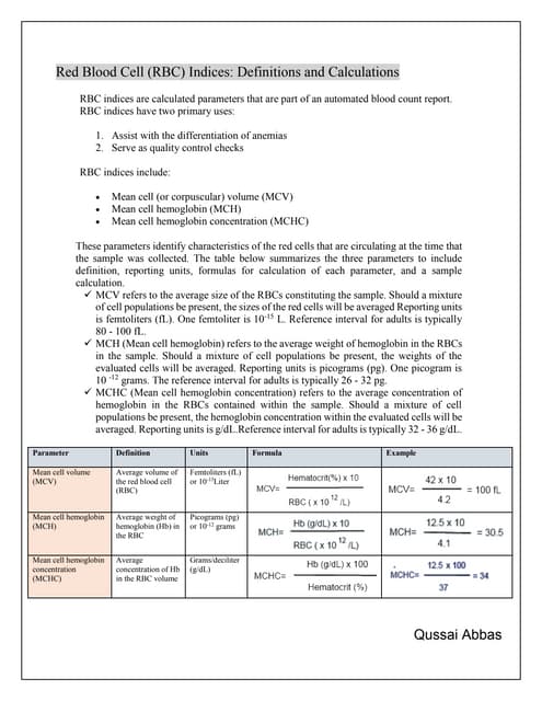 RBC Indices- MCV, MCH, MCHC II Blood Physiology | PDF