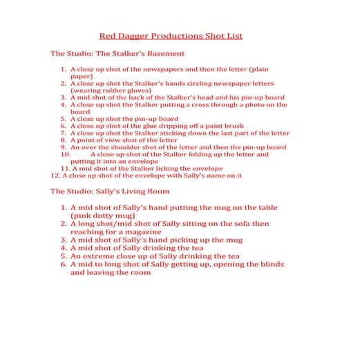 Red dagger productions shot list | DOCX