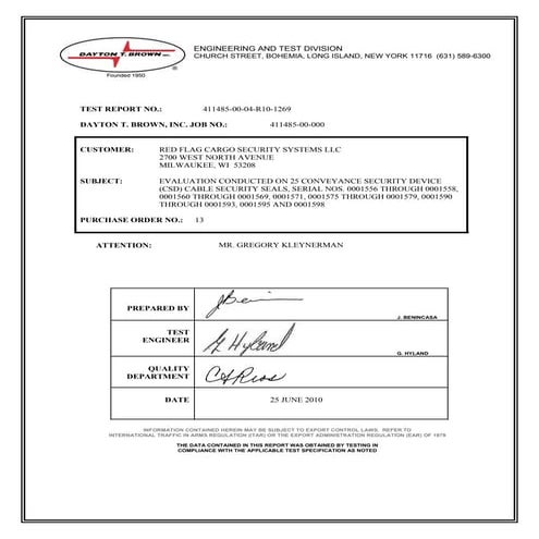 Tamper Evidence Full Test Report for Red Flag LXR June 25, 2010 | PDF