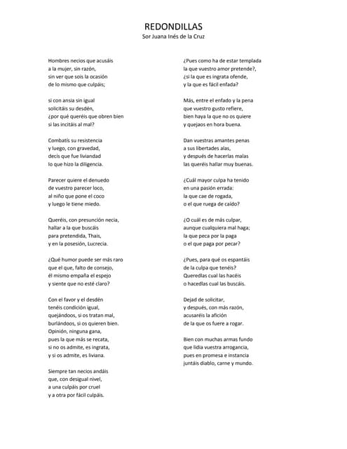Redondillas Sor Juana Inés de la Cruz | PDF