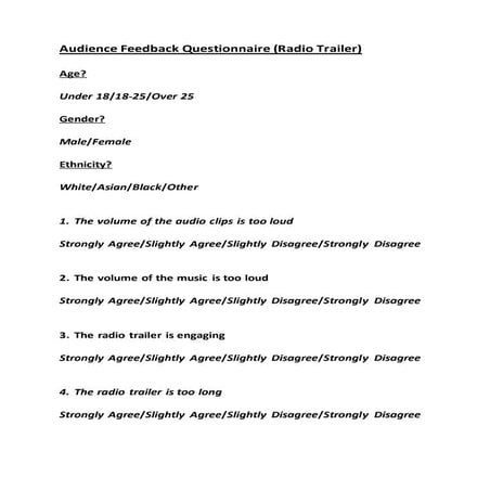 Redone audience feedback questionnaire for radio trailer | DOCX