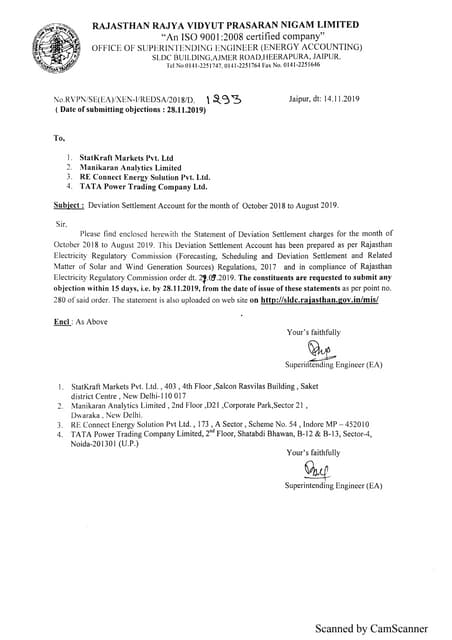 Rajasthan SLDC - RE DSM Statement -Jan 2020 | PDF
