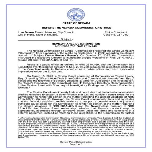 Reno Council member Devon Reese's ethics violations | PDF