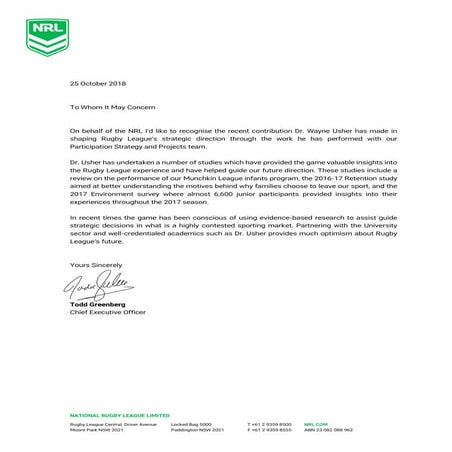 Letter of Reference - NRL - Todd Greenberg Chief Executive Officer | PDF