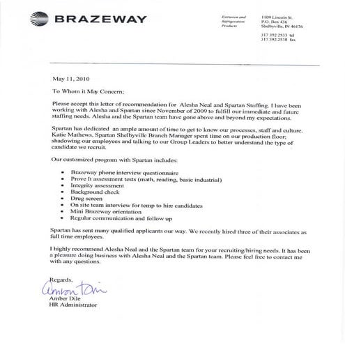 Spartan Staffing Customer Reference Letter | PDF