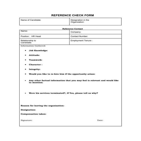Reference Check Form Candidate | DOC