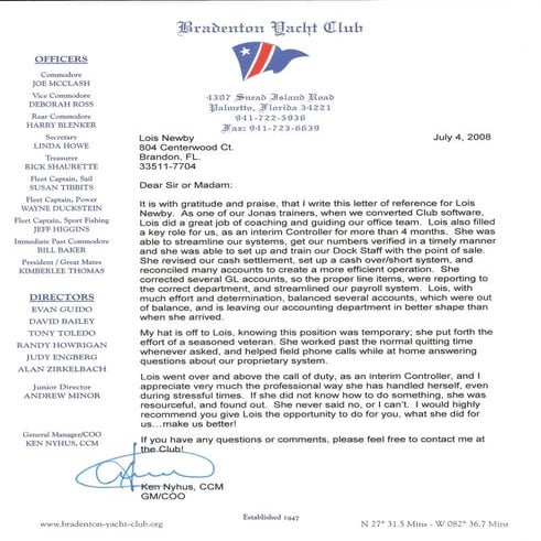 Reference Letter - Bradenton Yacht Club | PDF