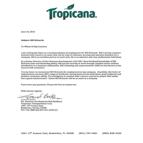 Reference letter Leonard Baker - Tropicana | PDF