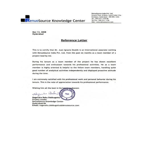Reference Letter - Project Lead - DenuoSource Ltd. | PDF