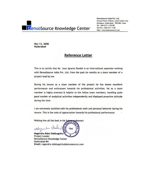 Reference letter - CEO Denuosource Ltd. | PDF
