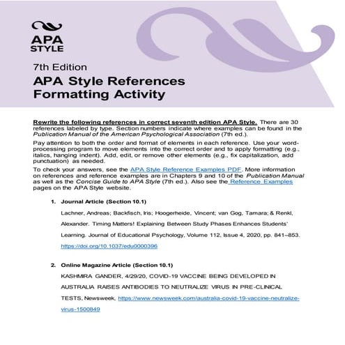 References formatting activity, 7th ed. | PDF
