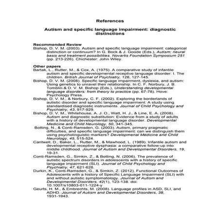 References for Autism and specific language impairment: diagnostic ...