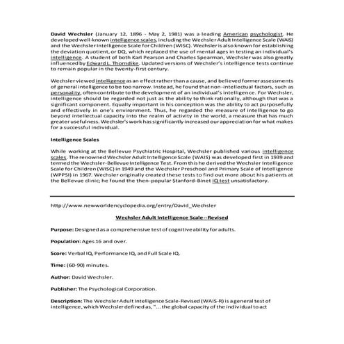 The Wechsler Adult Intelligence Scale (WAIS) | PPT