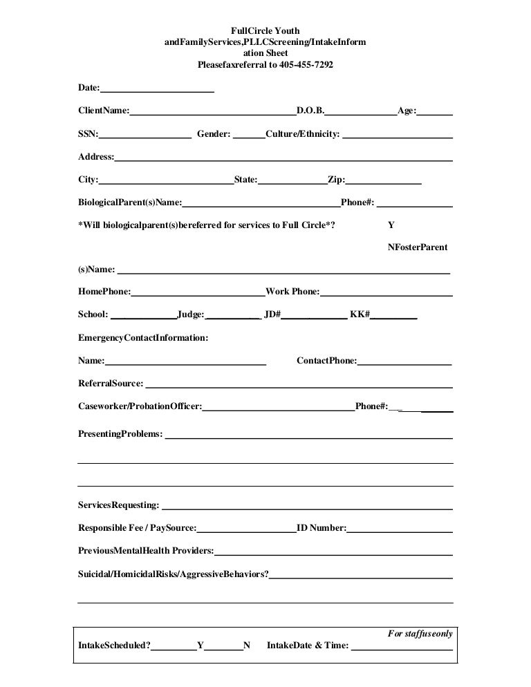 Referral screening, intake form