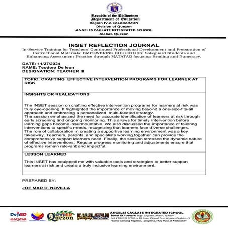 reflection for inset training in alabatttt | DOCX