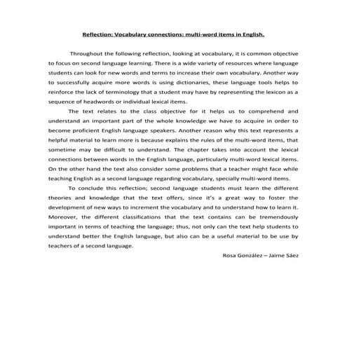 Reflection vocabulary connections- multi-word items in english | PDF