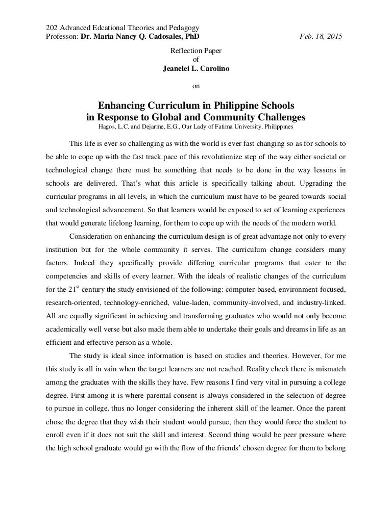 Reflection Paper On Enhancing Curriculum In Philippine Schools Reflection Paper On Enhancing Curriculum In Philippine Schools