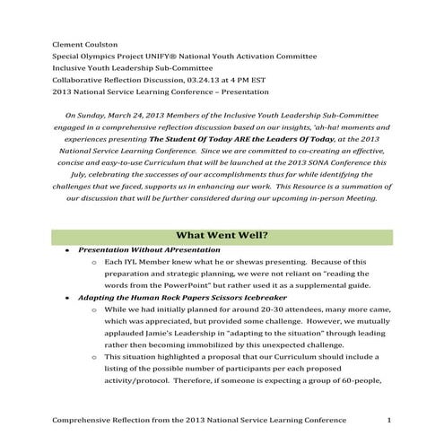 Reflection Resource from the 2013 National Service Learning Conference ...