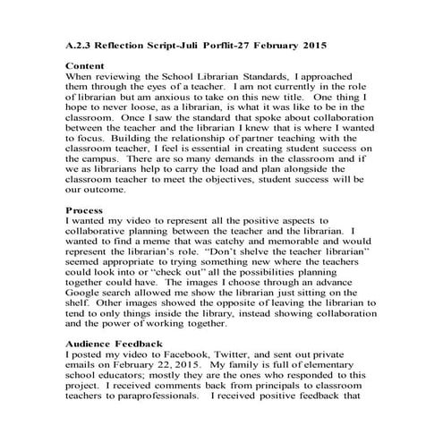 Reflection script don't shelve the teacher librarian | DOCX | Educational Assessment | Education