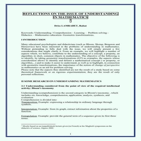 Reflections on understanding in mathematics | PDF