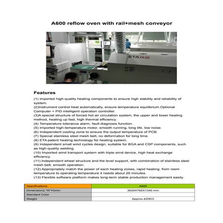Reflow oven (ETA A600 reflow oven with rail+mesh conveyor) | PDF