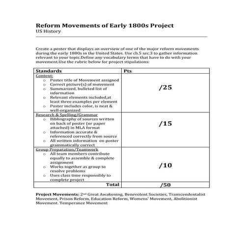 Reform movements of early 1800s project | DOCX