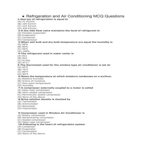 Refrigeration and air conditioning mcq questions converted | PDF