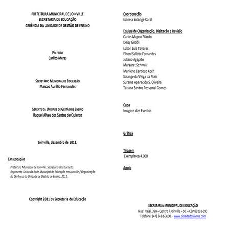 Regiment único das unidades escolares da rede pública minicipal de ...