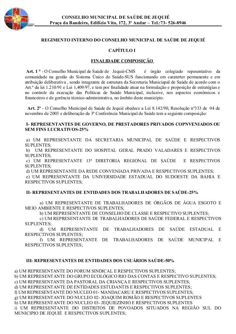 Regimento Interno Do Conselho Municipal De Saúde De Jequié