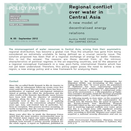 Regional conflict over water in central asia | PDF