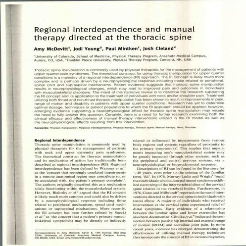 Regional interdependence and manual therapy directed at the thoracic ...