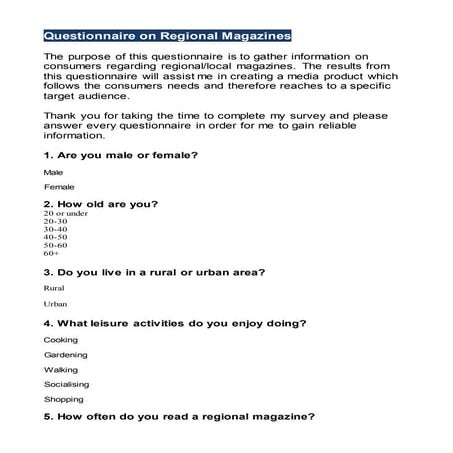 Regional magazine Questionnaire | DOCX
