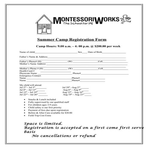Register you child in montessori works 2013 summer camp | DOC