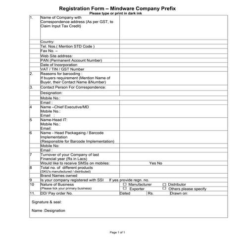 Registration form For Barcode Registration | PDF