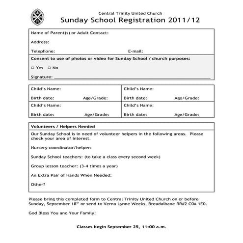 Central Trinity United Church Sunday School Registration sheet | PDF
