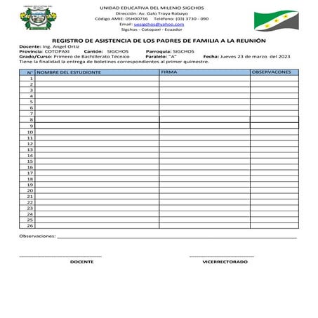 Hoja De Registro Para Los Padres De La Sala