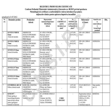 Registrul produselor certificate cf Ordnul MAI nr.88