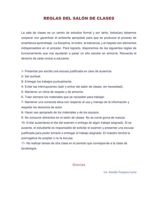 Reglas del salón de clases | PDF