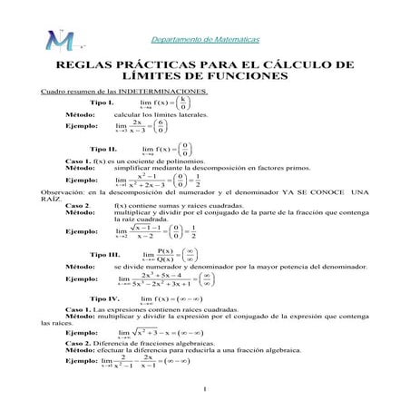 Reglas practicas para el calculo de limites de funciones | PDF