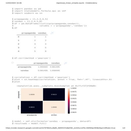 Regressao linear simples.ipynb - colaboratory | PDF