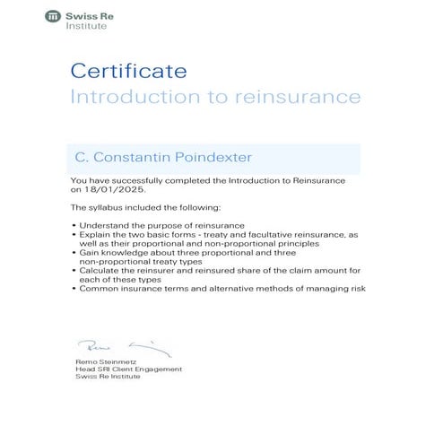 Reinsurance Fundamentals (Swiss Re instruction) | PDF